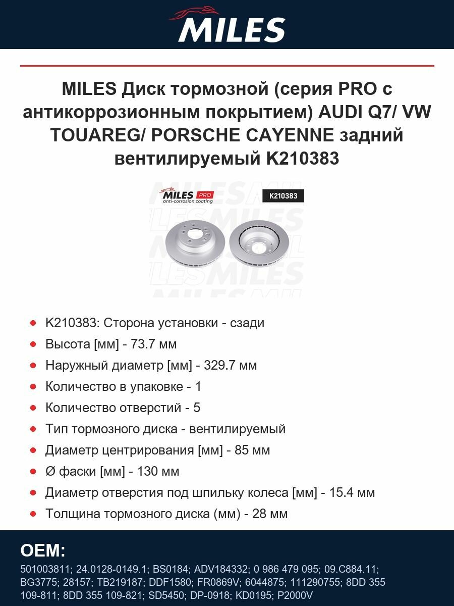 MILES Диск тормозной (серия PRO с антикоррозионным покрытием) AUDI Q7/ VW TOUAREG/ PORSCHE CAYENNE задний вентилируемый K210383