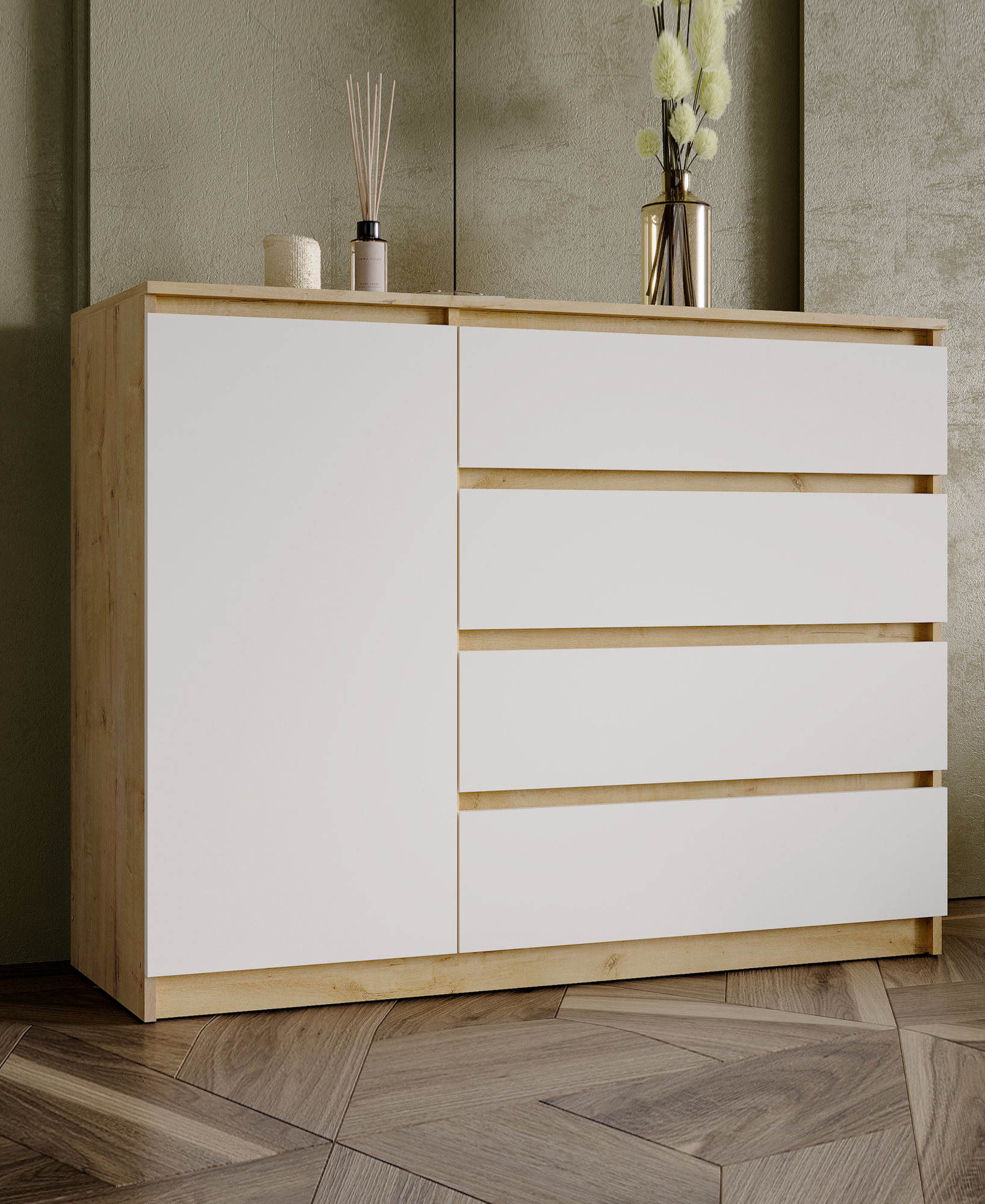 Комод Вега 1Д-4Я с четырьмя ящиками и полкой Дуб Вотан/ Белый гладкий, ш127.8*в98*г46.6 см