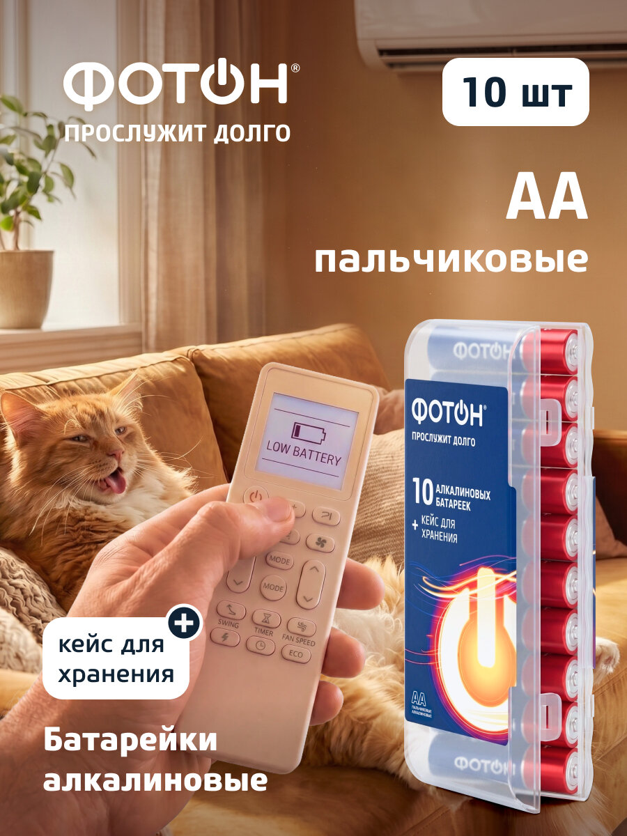 Батарейки пальчиковые алкалиновые АА фотон LR6 набор 10 шт, пластиковый кейс