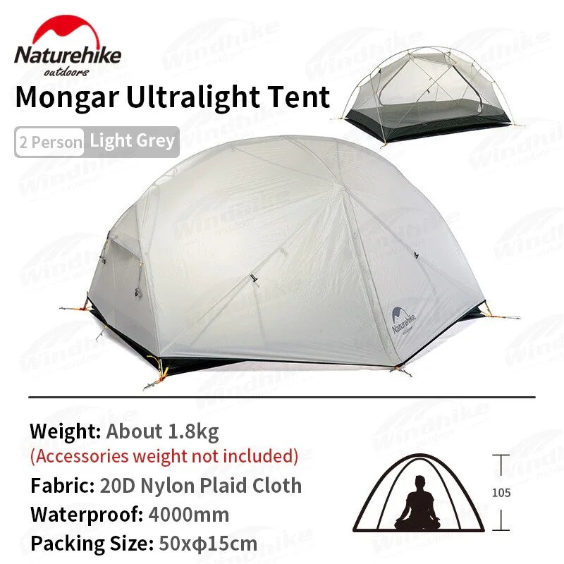 Палатка Naturehike Mongar двухслойная из нейлона 20D для кемпинга, вмещает 2-3 человека, для отдыха на открытом воздухе, походов, рыбалки, ультralегкая водонепроницаемая tarp