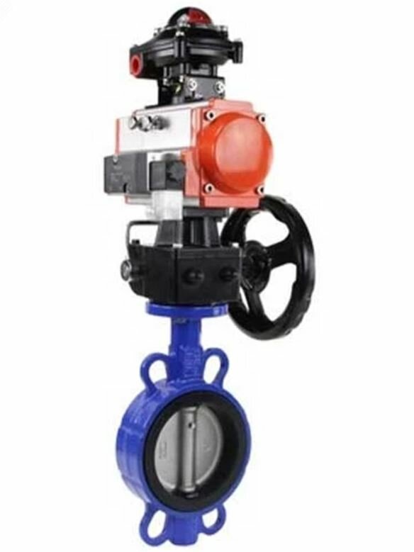 Затвор дисковый поворотный DN.ru WCB-316L-VITON Ду200 Ру16, корпус - углеродистая сталь WCB, диск - нерж. сталь 316L, уплотнение - VITON, с пневмоприводом SA-160, пневмораспределителем PND2-S1EM-52-1NC-J08-220VAC NAMUR и БПВ APU1-10-40-V08