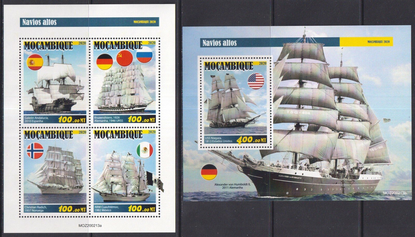 Марки 2020 год Мозамбик Высокие парусники Транспорт #10980-10983+Bl1631 Mnh