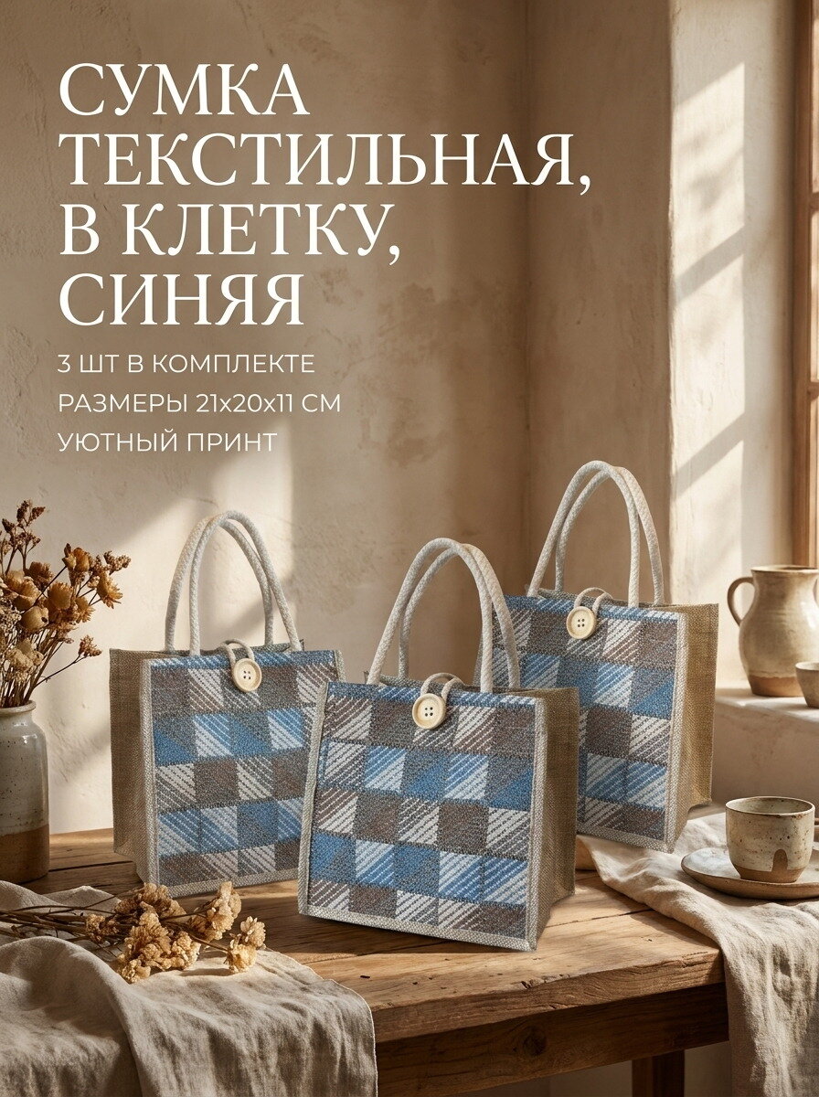 Сумка текстильная, в клетку, синяя, 21х20х11 см, 3 шт