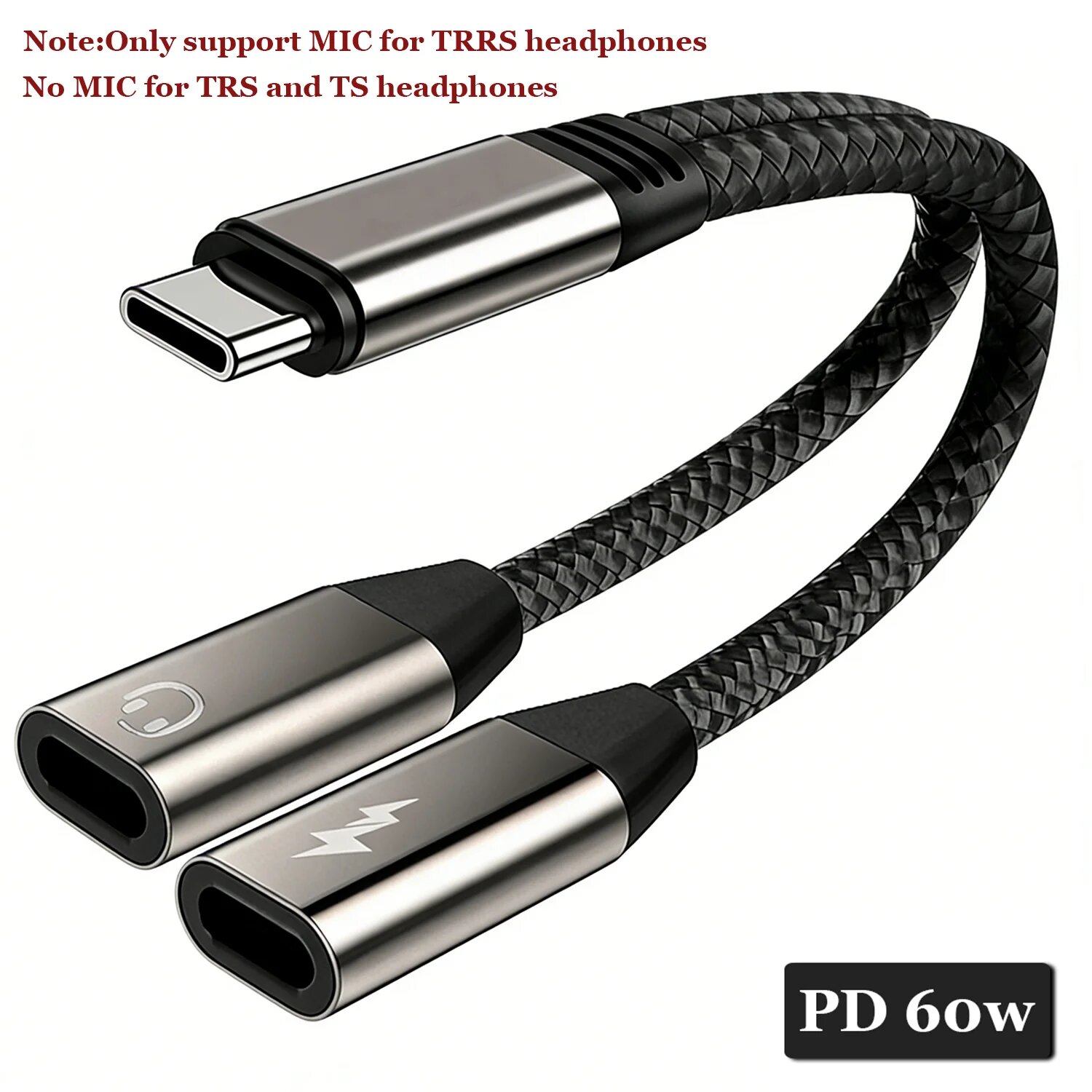 USB-C разветвитель Type-C для наушников и зарядки с быстрой зарядкой PD 60W и передачей данных для iPhone 16/15, iPad, Samsung