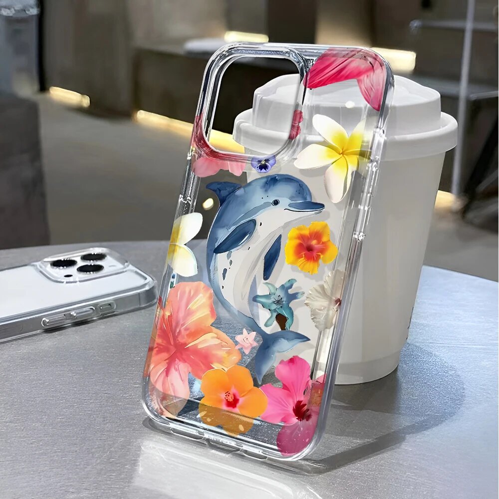 Мягкий чехол с принтом «Дельфины и цветы» для iPhone 17 Air 14 11 15 13 16 12 Pro Max Plus, модный уличный стиль