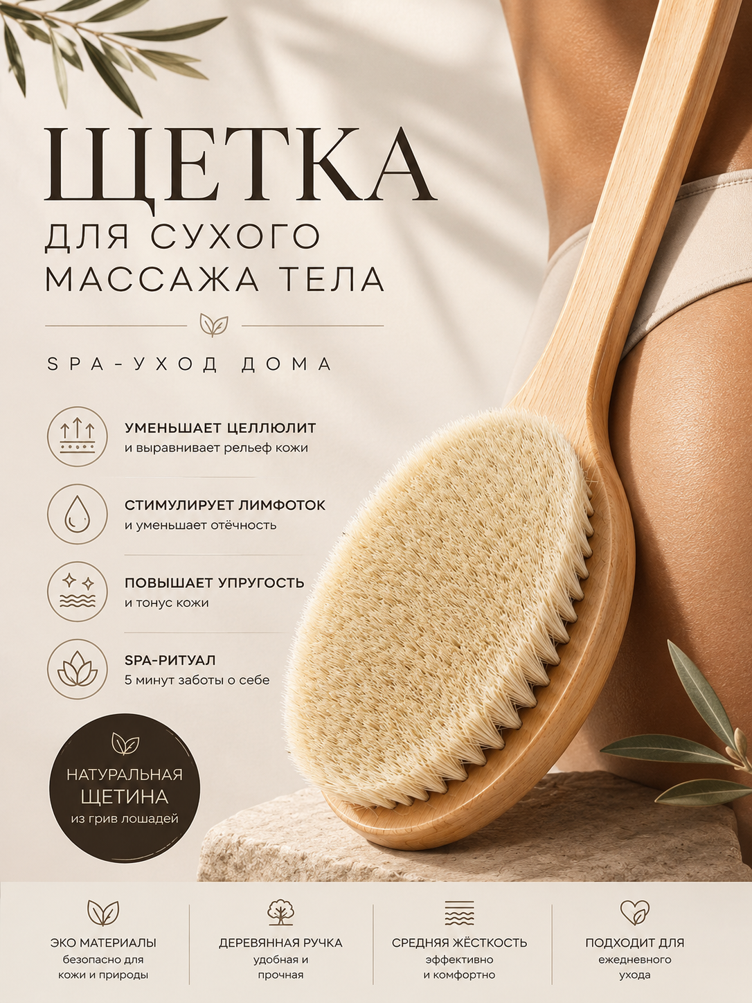 Щетка для сухого массажа тела антицеллюлитная, деревянная массажная щетка с натуральной щетиной