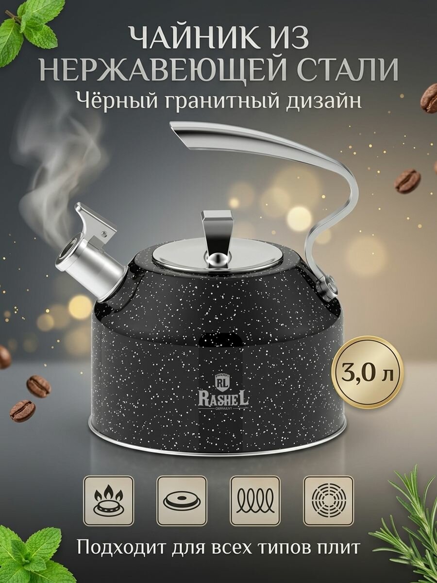 Чайник из нерж. стали 3 л со свистком, чёрный R-7831