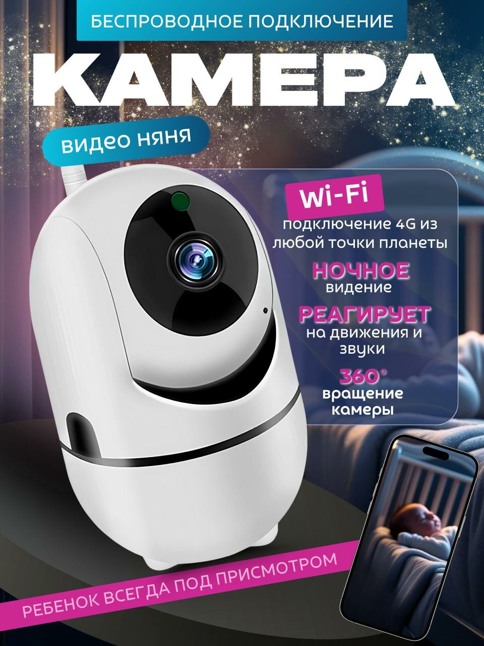 Видеоняня поворотная 360 градусов / Камера видеонаблюдения с Wi-Fi и двусторонней аудио связью белая
