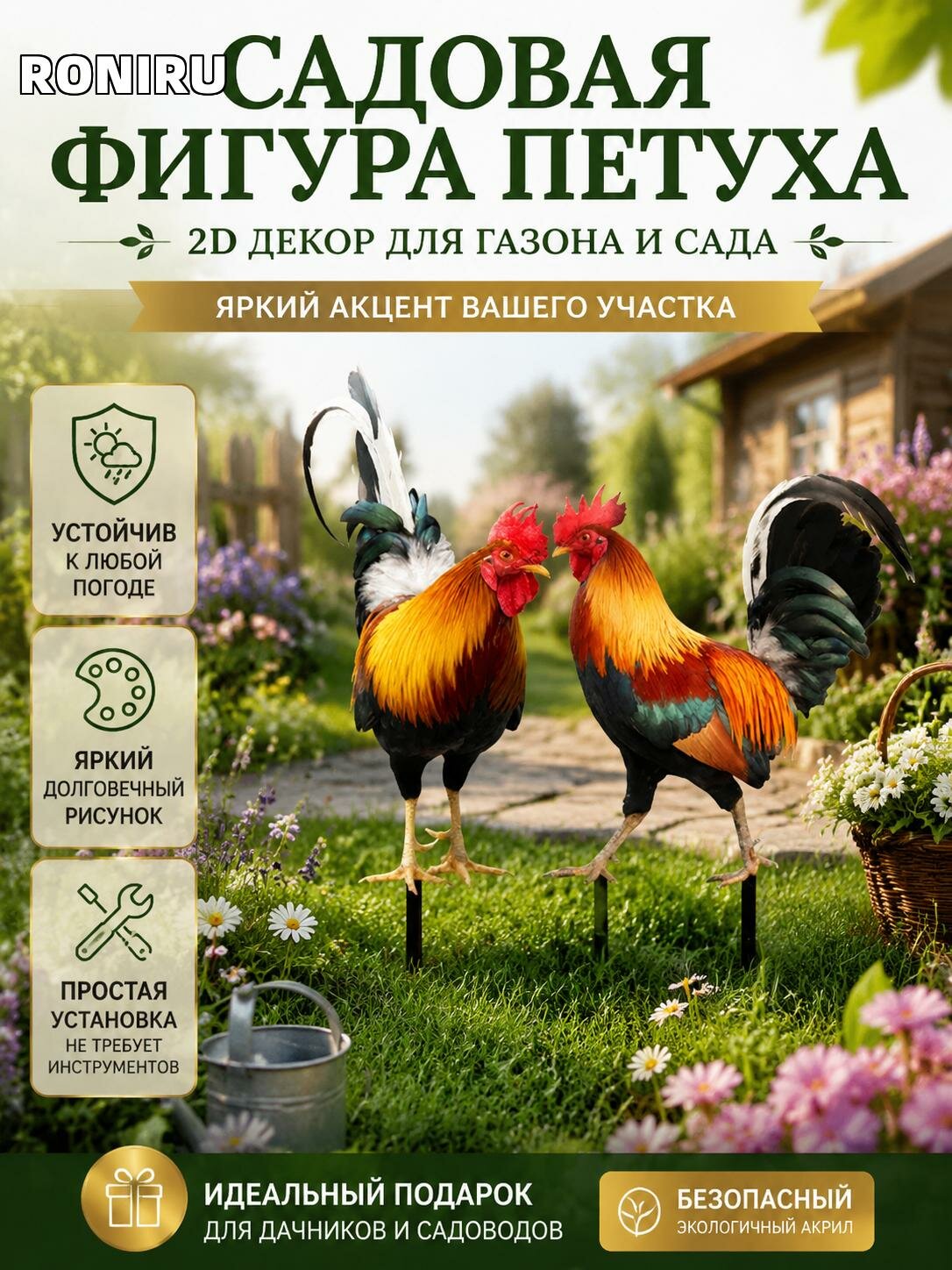 Садовая фигура петуха из акрила, 2D декор для газона и сада — устойчив к погоде, яркий акцент и простая установка