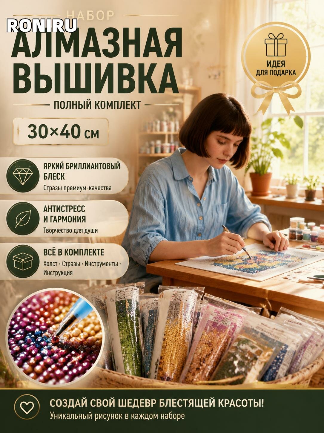 Набор для алмазной вышивки 30×40 см — случайный рисунок, полный комплект страз и инструментов, идея для подарка