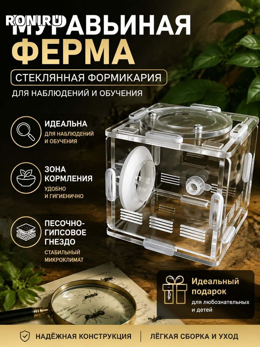 Муравьиная ферма — стеклянная формикария с зоной кормления и песочно-гипсовым гнездом для наблюдений и обучения