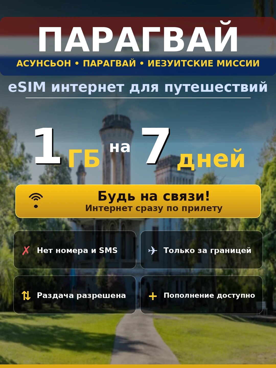ESIM Парагвай — мобильный интернет 1 ГБ на 7 дней | виртуальная SIM-карта для путешествий