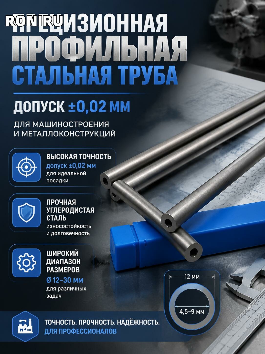 Прецизионная профильная стальная труба с допуском ±0,02 мм, углеродистая сталь, 12-30 мм для машиностроения и металлоконструкций