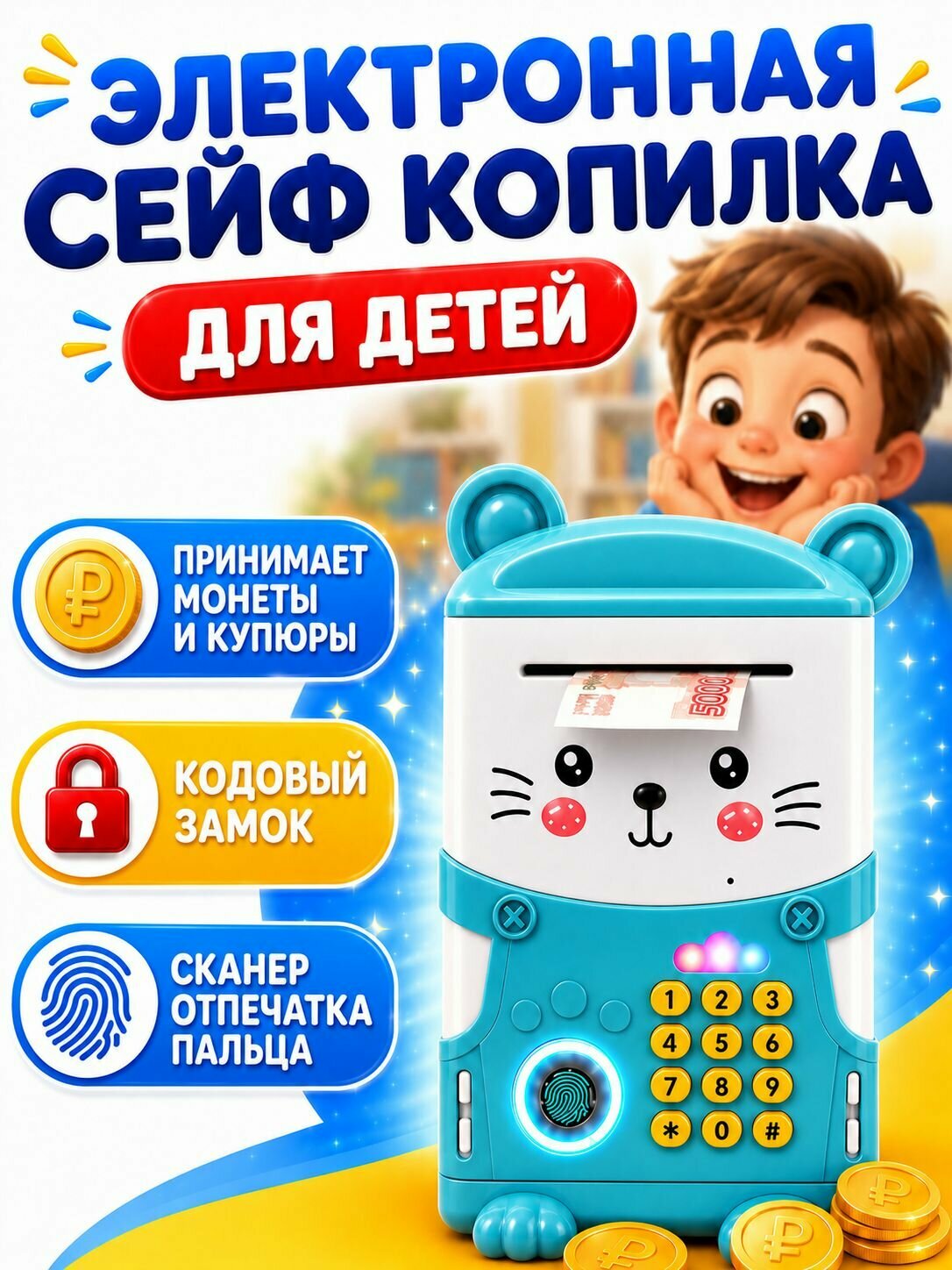 Копилка для денег детская, электронная/Мышка с отпечатком пальца, интерактивная