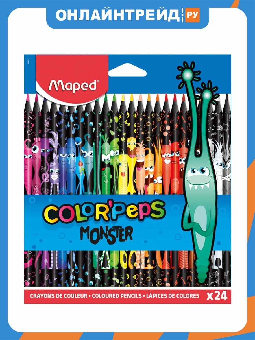 Карандаши цветные Maped "COLOR PEP'S Black Monster", набор 24 цвета, пластиковый корпус, 862624