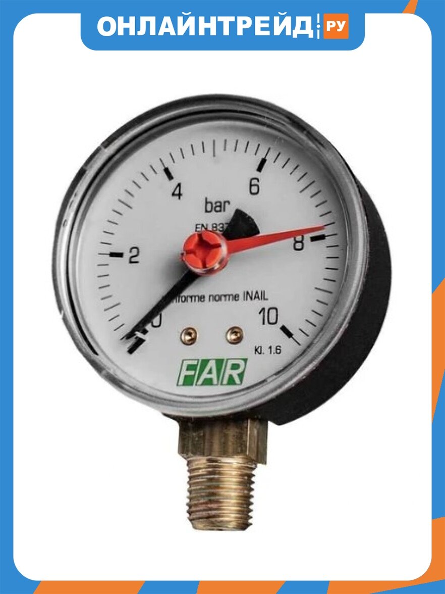 Манометр Far 1/4" (радиальное соед.) , 0-10 бар, - 20-80 °C, O 63 мм