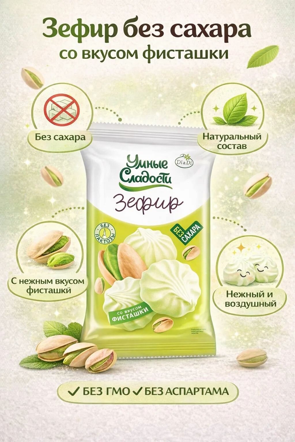 Зефир Умные сладости со вкусом фисташки, без сахара. 150гр.