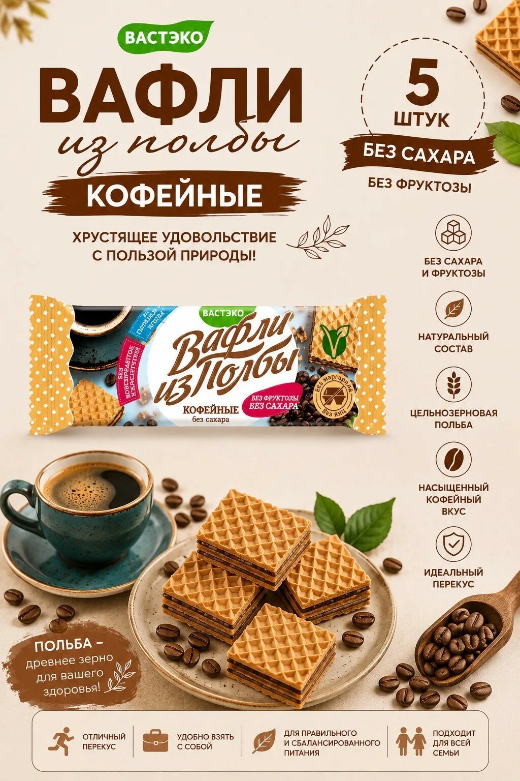 Вафли из полбы. Кофейные. Без Сахара. 5 шт по 15 г