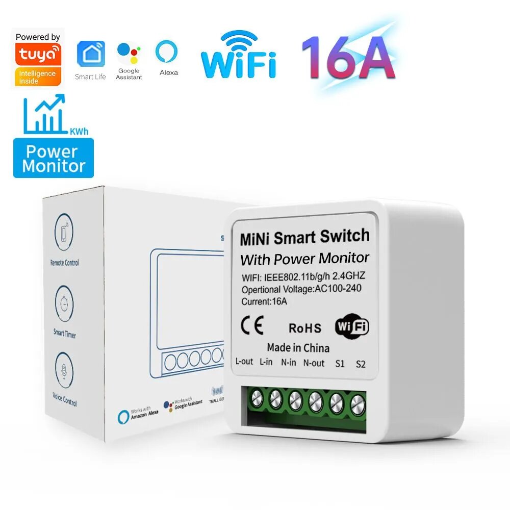 Интеллектуальное реле Wi-Fi Mini smart switch 16a для умного дома (версия с измерением)