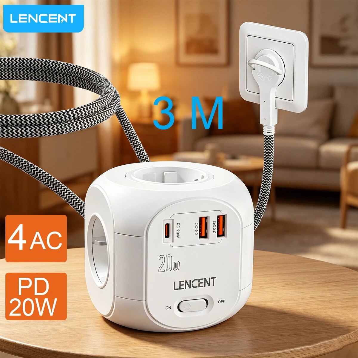 LENCENT Удлинитель с фильтрацией 4 розетки 4 USB
