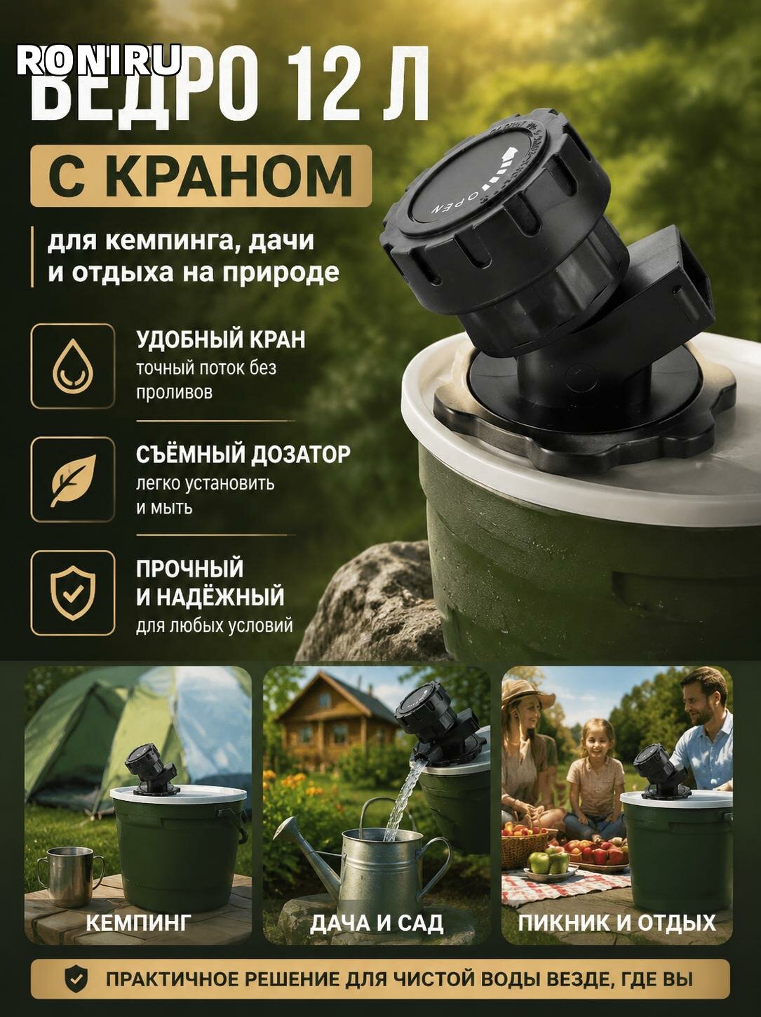 Ведро 12 л с краном для кемпинга и дачи — съемный дозатор воды для похода, сада, пикника и семейного отдыха вместе
