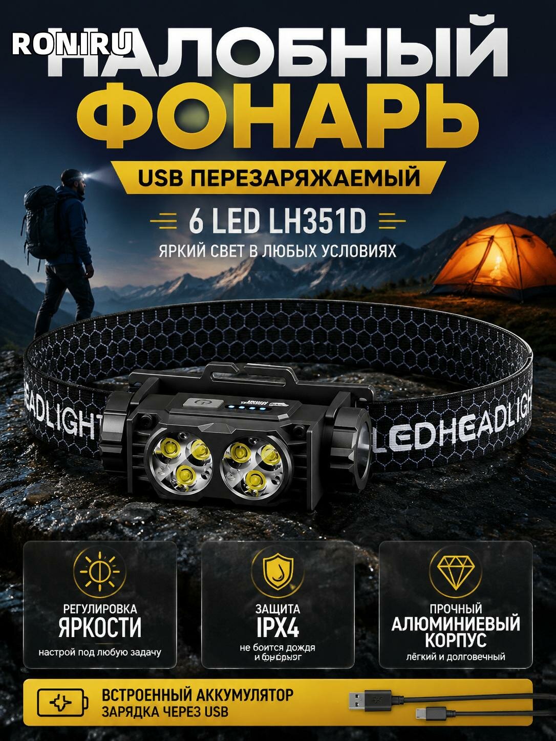 USB перезаряжаемый налобный фонарь 6 светодиодов LH351D регулировка яркости, IPX4, алюминиевый корпус для походов