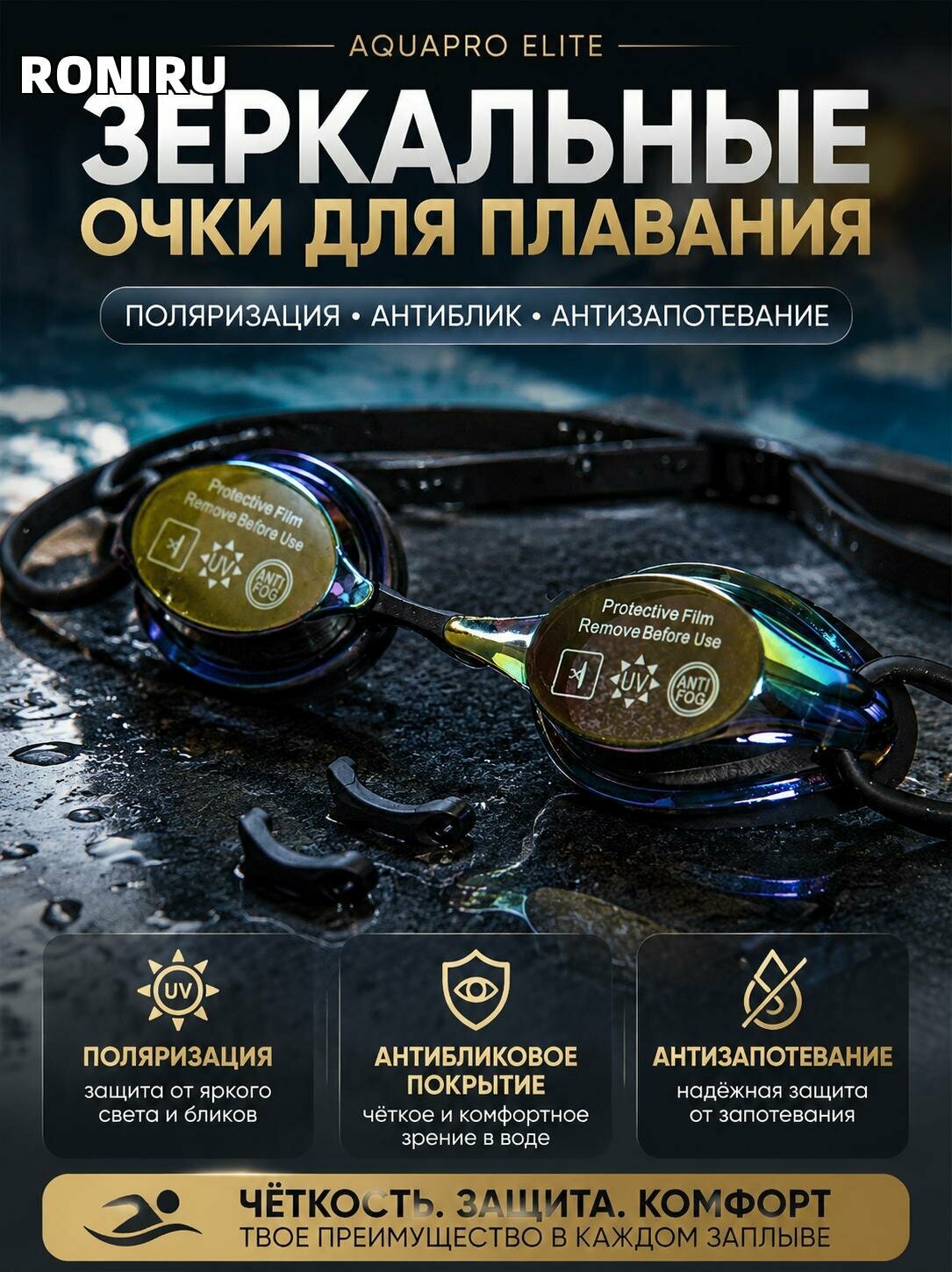 AquaPro Elite - зеркальные поляризационные очки для плавания с антибликовым покрытием и защитой от запотевания