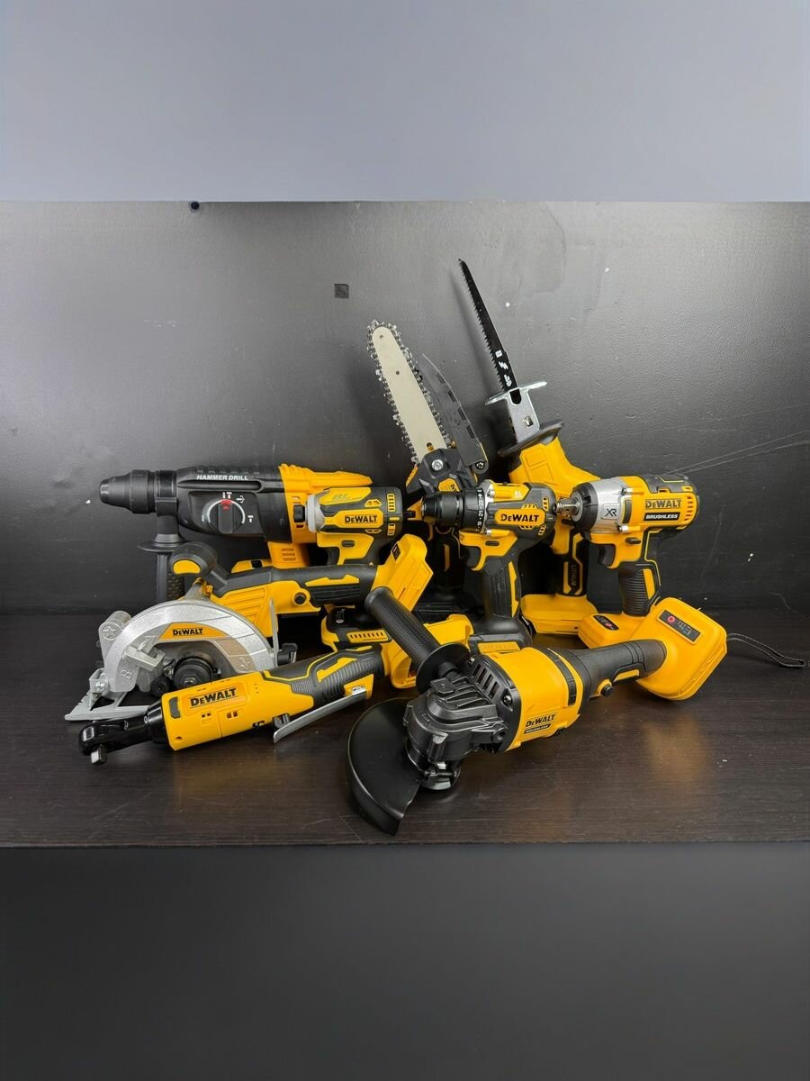 Набор электроинструментов 9 в 1 DeWalt / Шуруповерт, Перфоратор, Гайковерт, УШМ (Болгарка), Цепная и Дисковая пила, Угловой гайковерт, Сабельная пила, Винтоверт