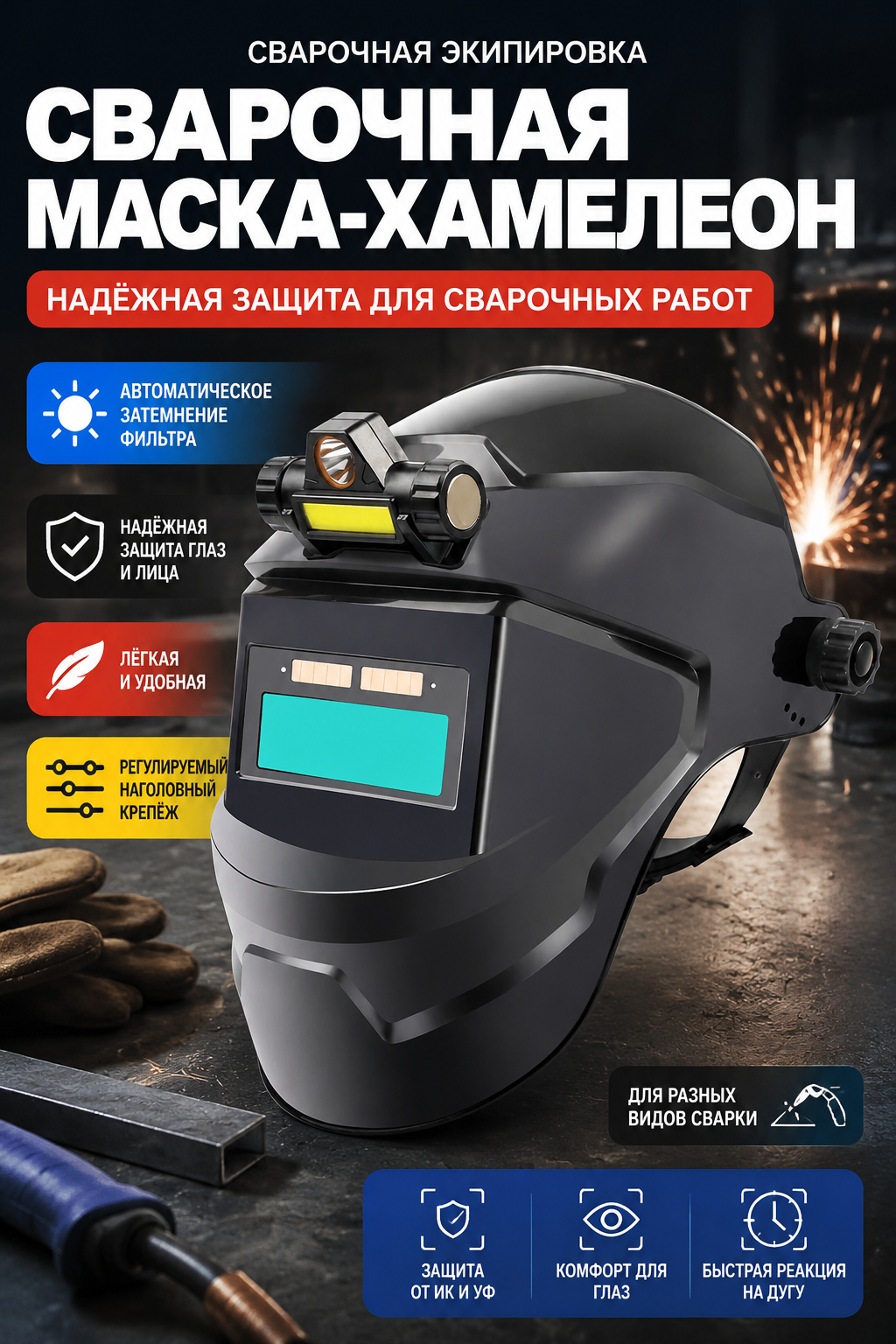 Сварочная маска с фарой автоматическое затемнение для разных видов сварки хемелон