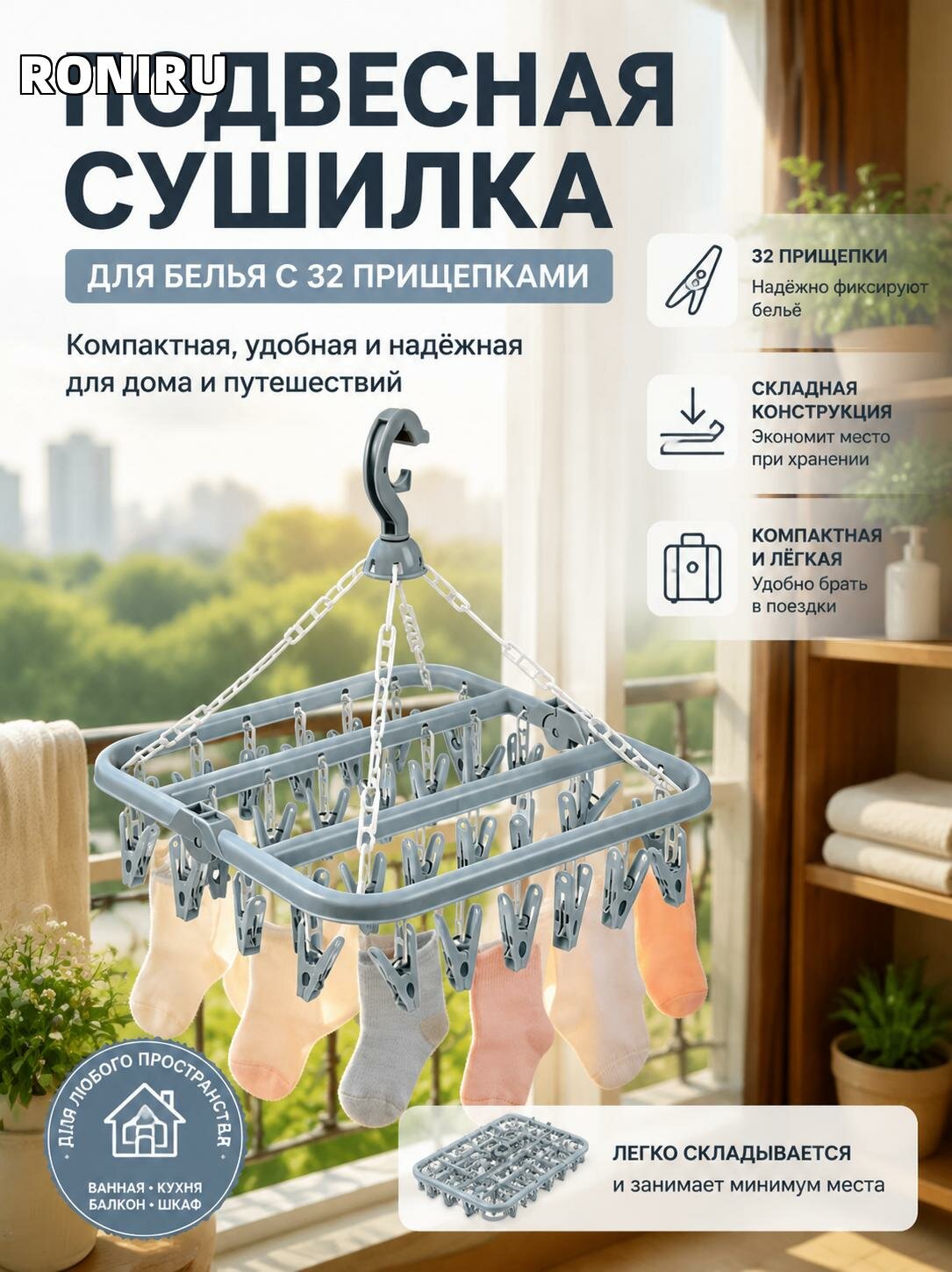 Подвесная сушилка для белья с 32 прищепками, компактная складная конструкция для ванной, кухни, балкона и шкафа удобна для хранения и поездок