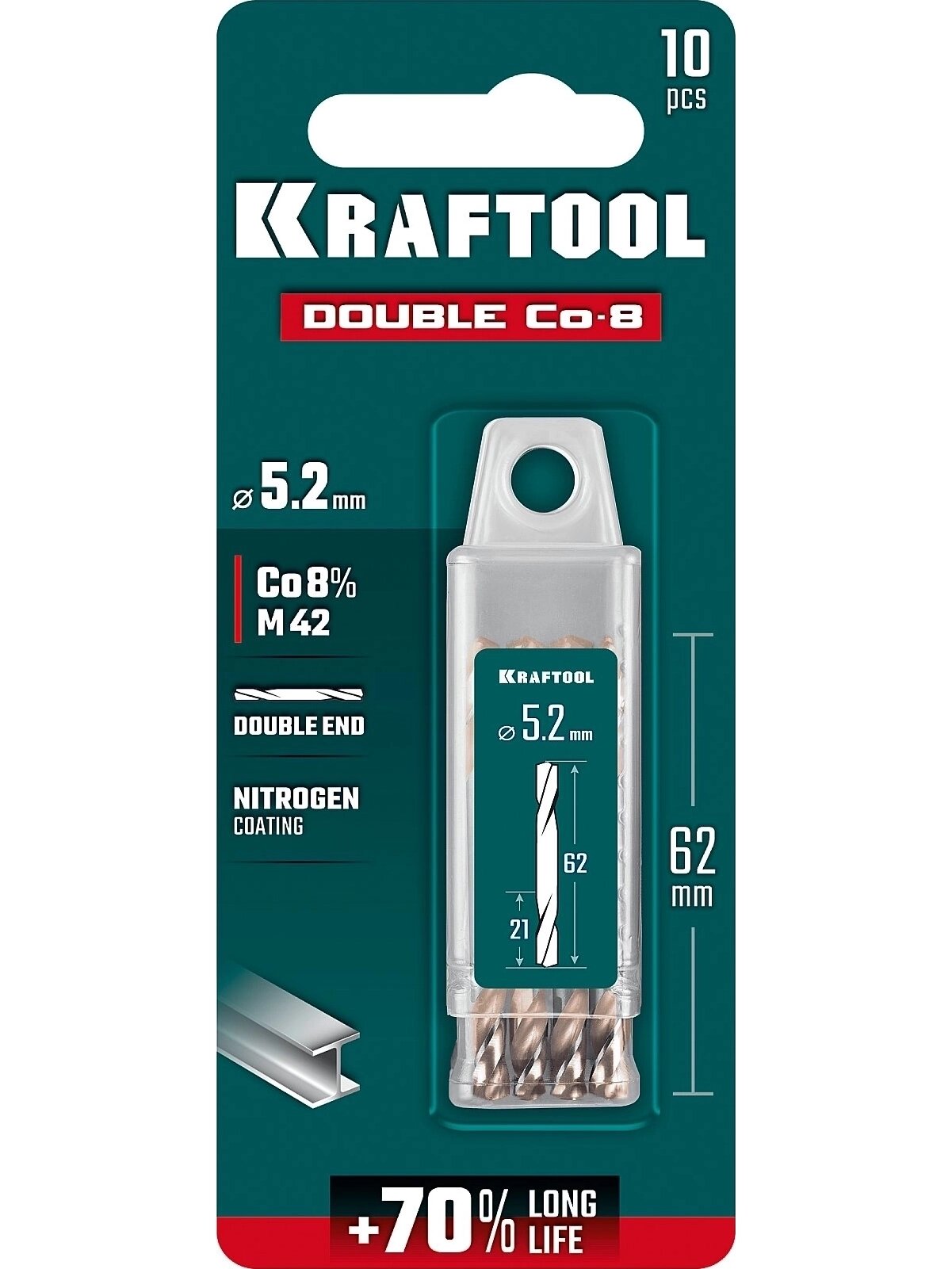 Сверло двухстороннее по металлу KRAFTOOL DOUBLE Сo-8 5.2х62мм, кл. А сталь M42 +8%Co — фото 1
