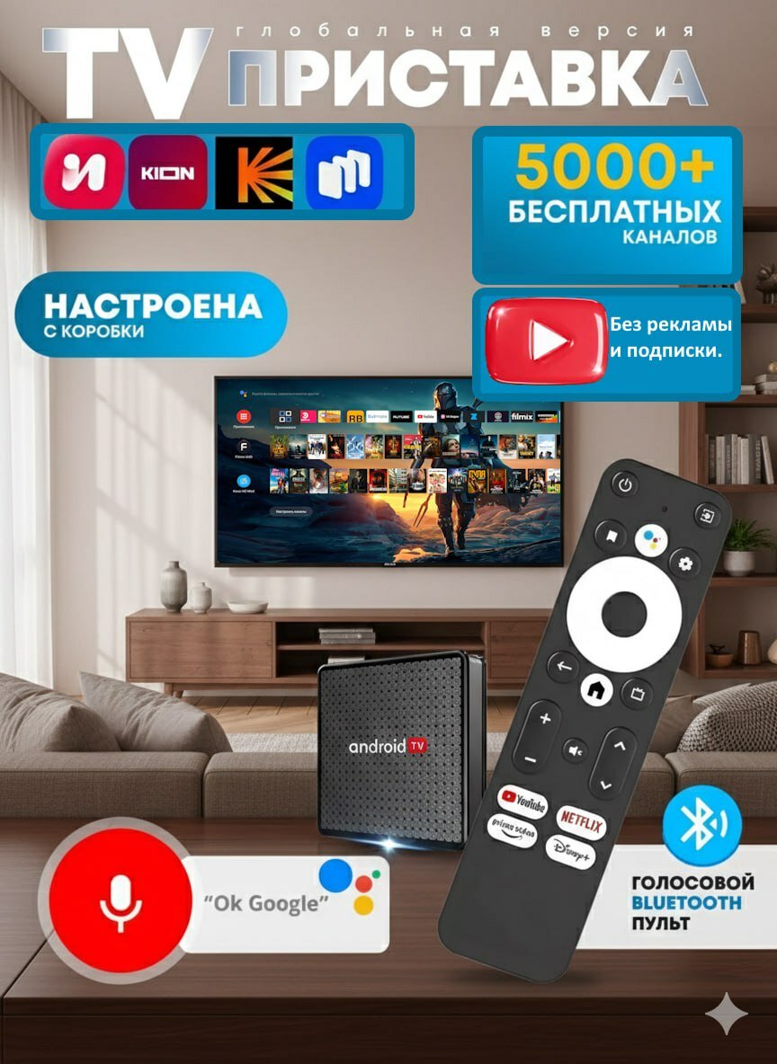 Смарт ТВ приставка Android TV 4K Ultra HD; Серия "Белый Список" Адаптация 2026; Smart TV Box медиаплеер с Wi-Fi 5G и голосом; ТВ бокс для старых и новых телевизоров; всё включено