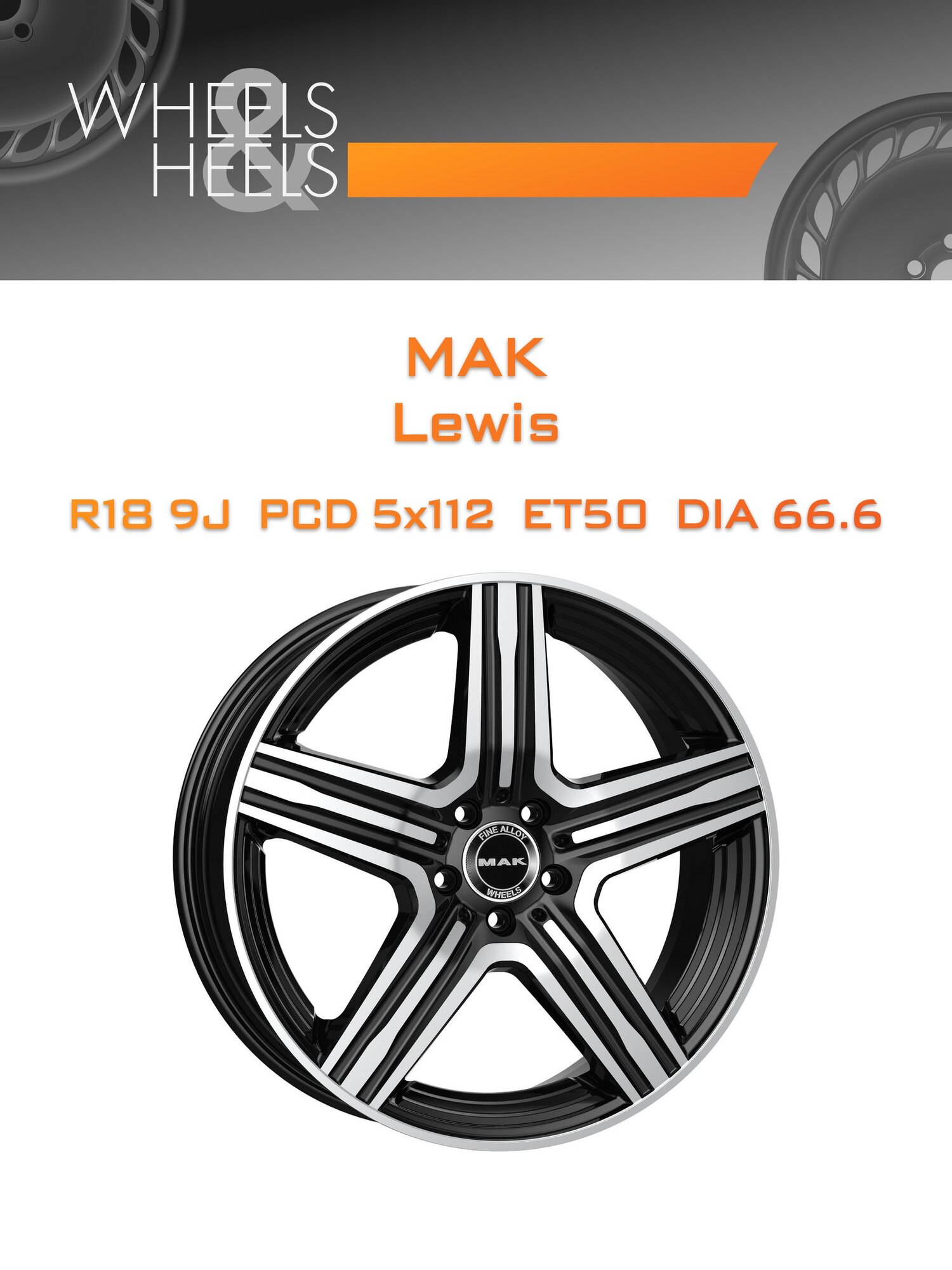 Диск автомобильный литой MAK Lewis 18x9 5x112 et50 dia66.6 Чёрный глянцевый с полированной лицевой частью