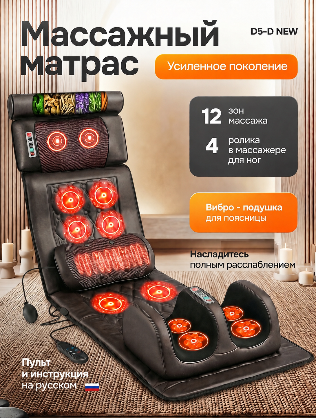 Массажный матрас Massani с виброподушкой с подогревом для поясницы и 4 роликами в массажере для ног