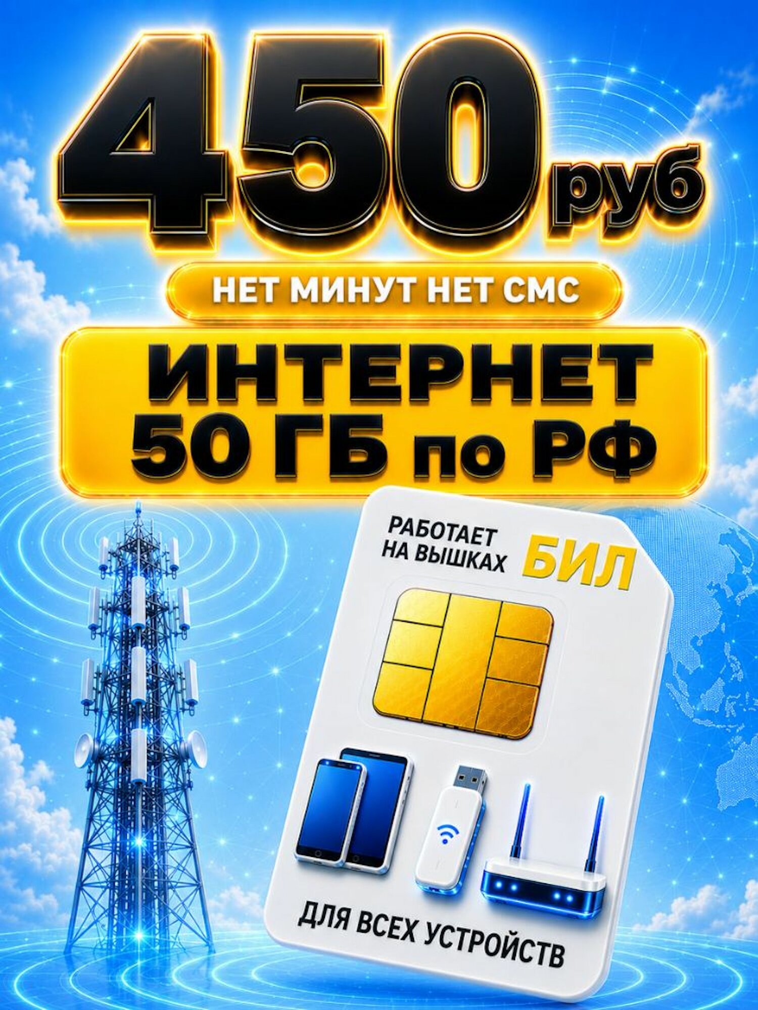 Сим карты с Безлимитным интернетом - тариф 450 руб в мес 50 ГБ по РФ для любых устройств роутер модем YV2BL