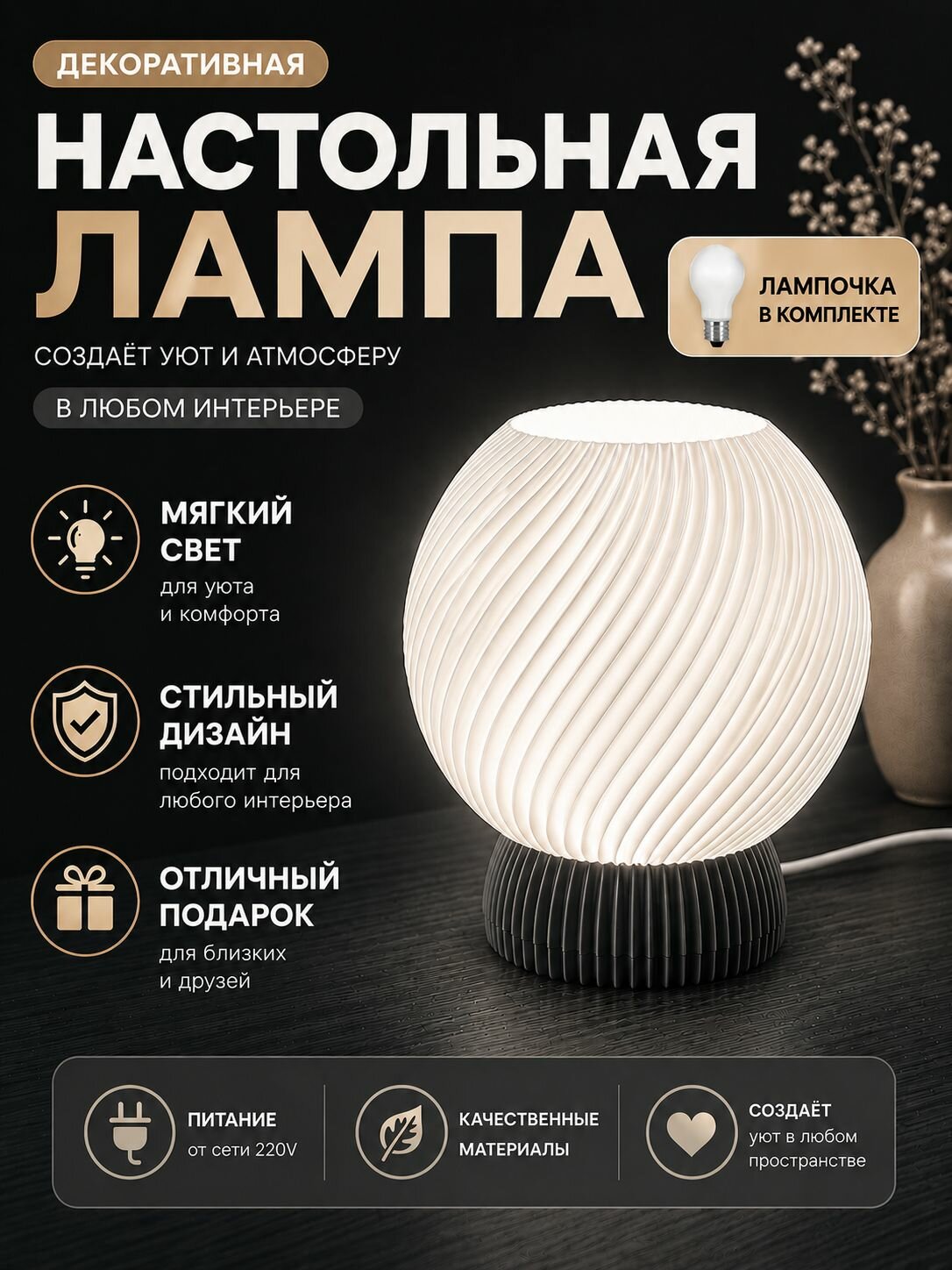 Лампа настольная декоративная, светильник настольный для спальни, прикроватная лампа для дома, интерьерный светильник E14 серебристый