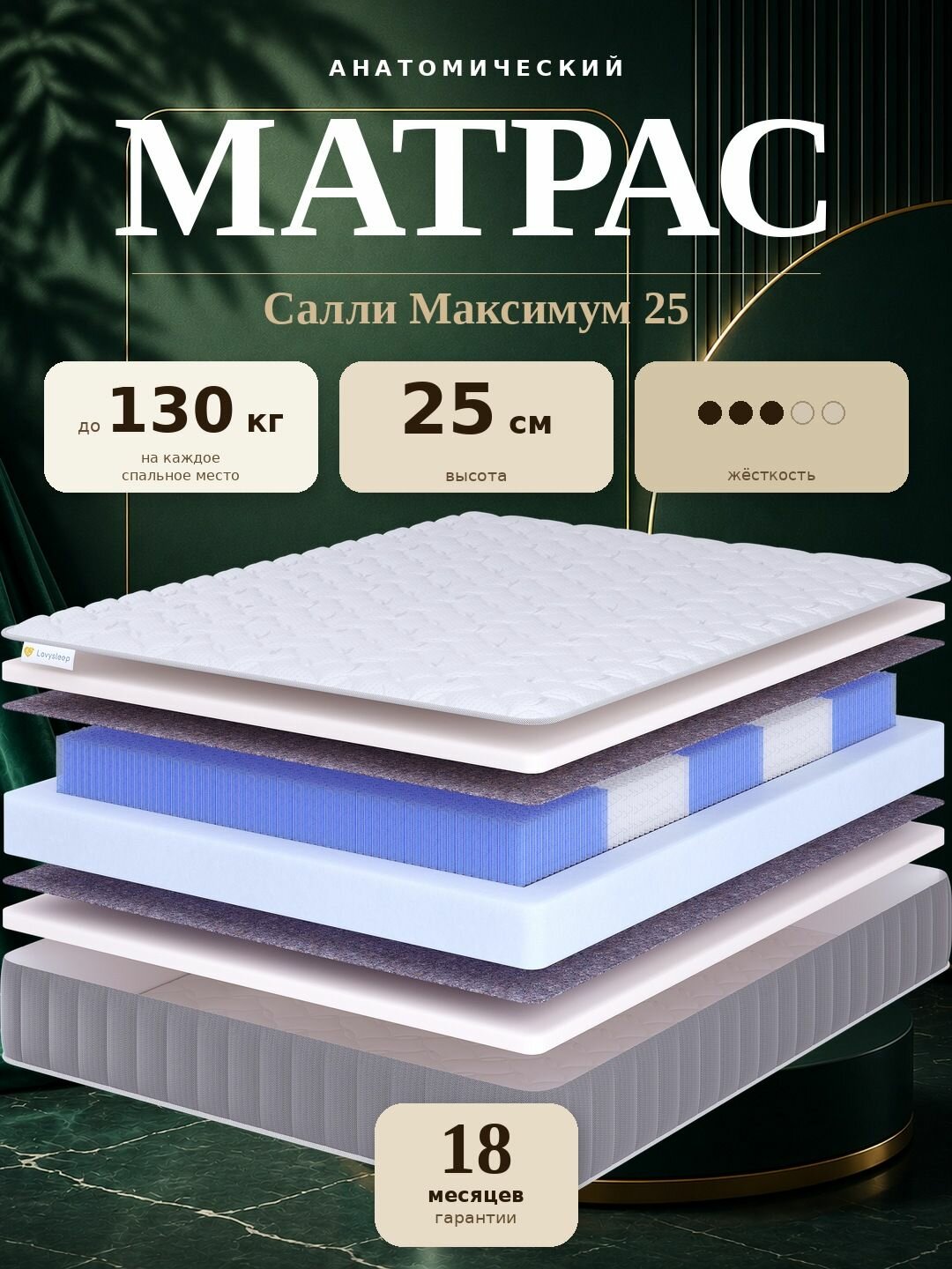 Элитный матрас 90х170 см ортопедический, 2000 пружин, точечная поддержка, средняя жесткость, 25 см - Салли Максимум 25 Lovysleep, в рулоне
