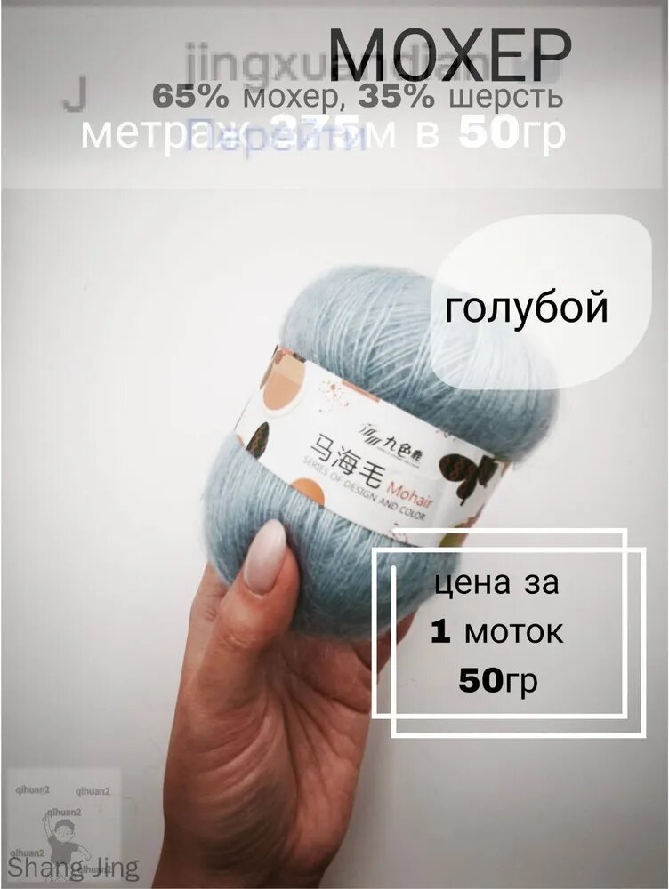 Пряжа Мохер, 65% мохер, 35 % шерсть, 1 моток 50гр, цвет голубой