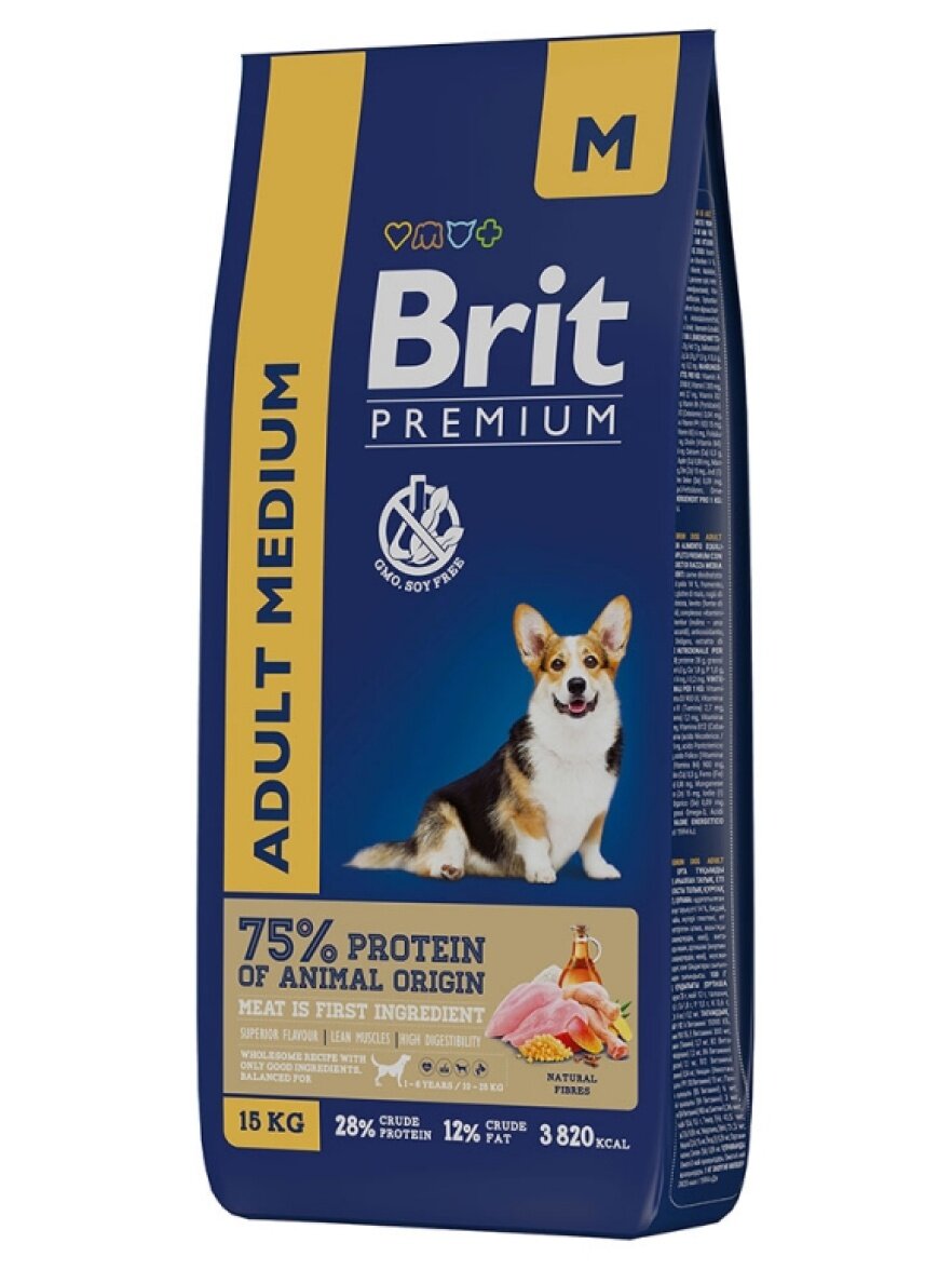 Корм для взрослых собак средних пород Brit Premium Adult Medium с курицей 15 кг