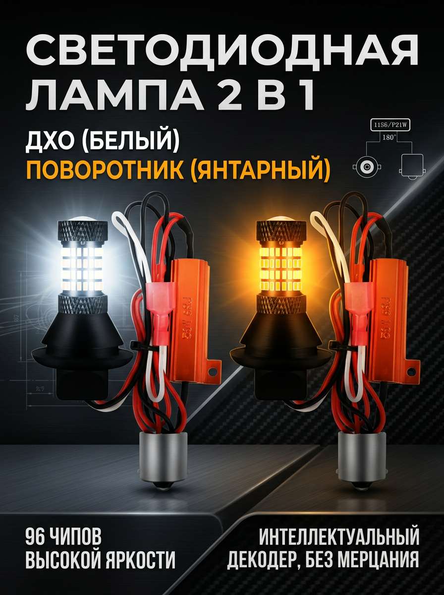 Светодиодные ходовые огни в поворотники 2 в 1 цоколь P21W / ДХО/ Светодиодные LED лампы, комплект.