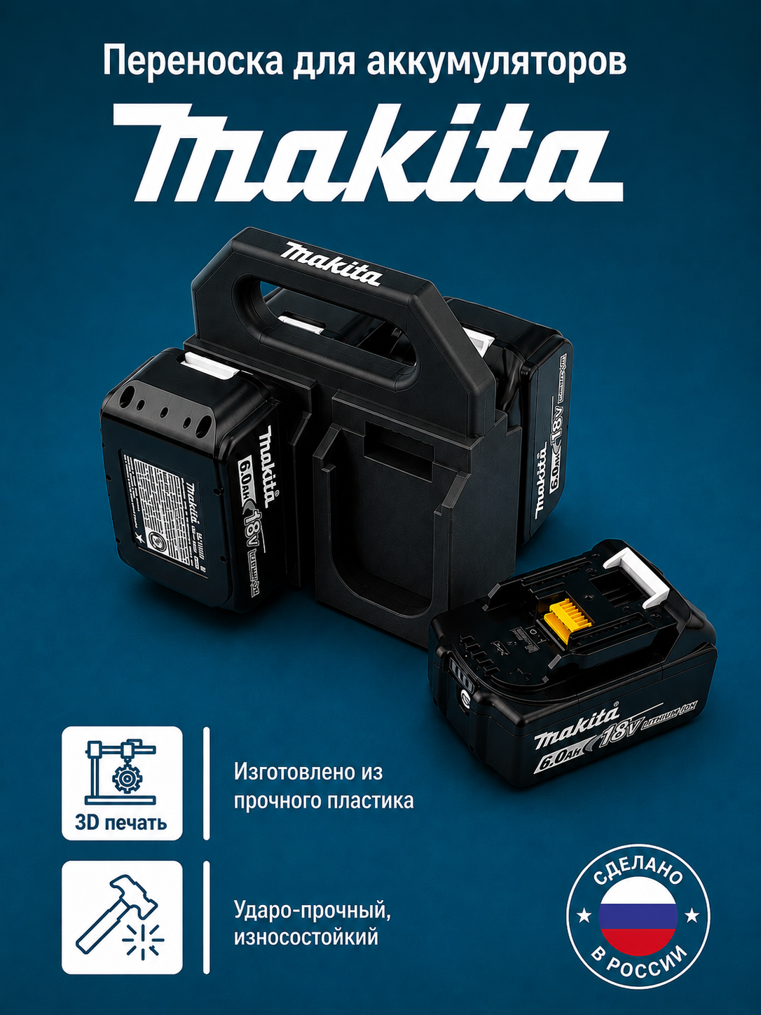 Держатель/переноска для аккумуляторов, совместимая с литиевыми аккумуляторами Makita 18 В. (Черный)