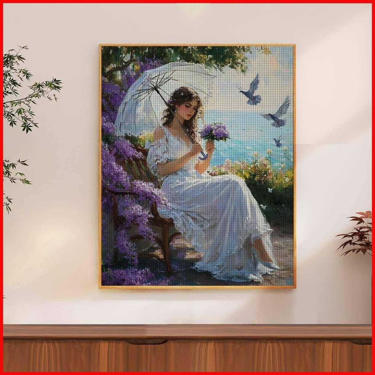 1 бескаркасная 14CT/11CT крестовая вышивка 40X50CM/15.7*19.7in Девушка под фиолетовым цветочным деревом возле озера в окне, цветов с иглами, нитями, чертежами, полотном