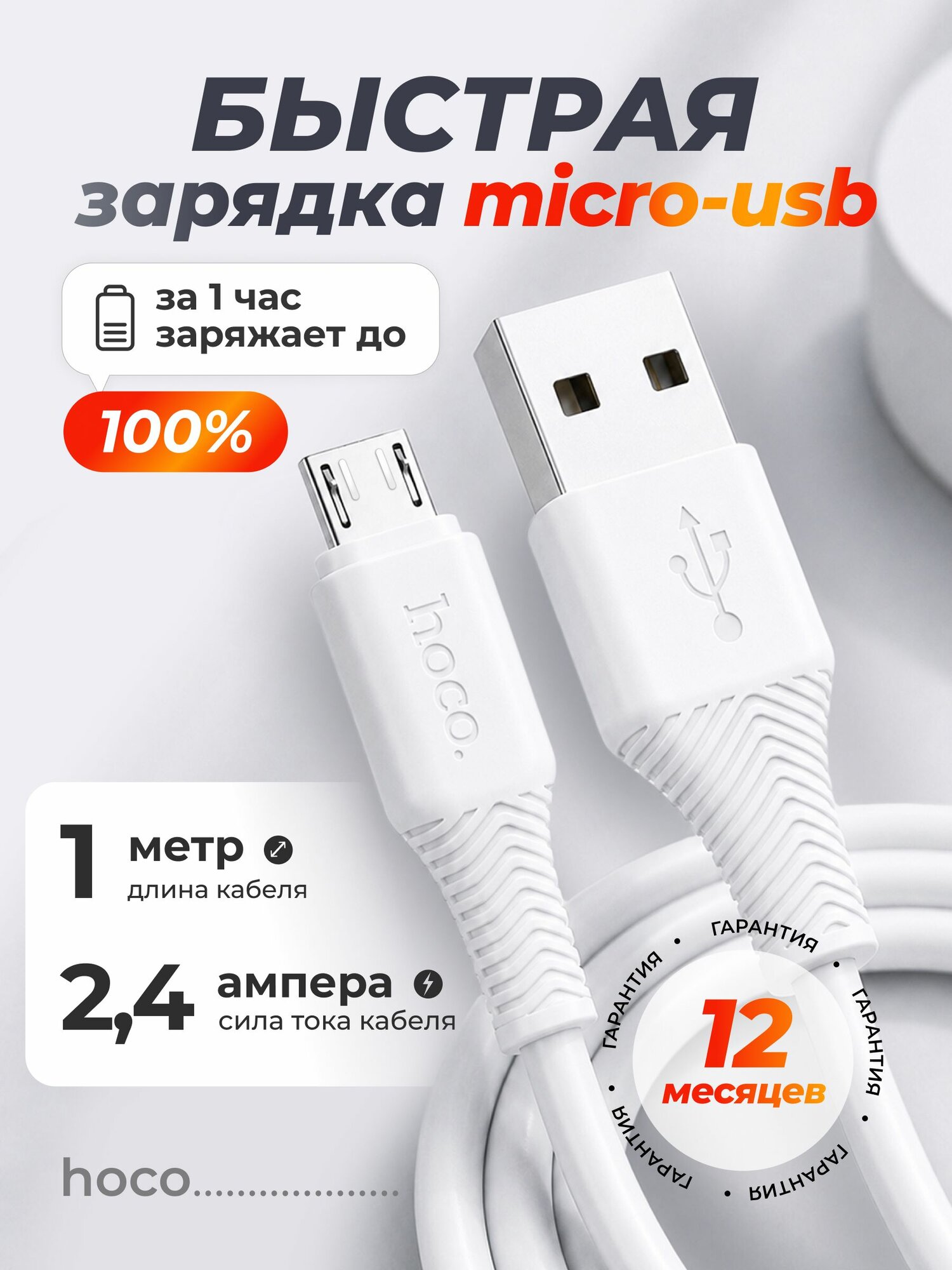 Кабель micro usb, шнур микро, провод micro usb быстрая зарядка, 1 метр