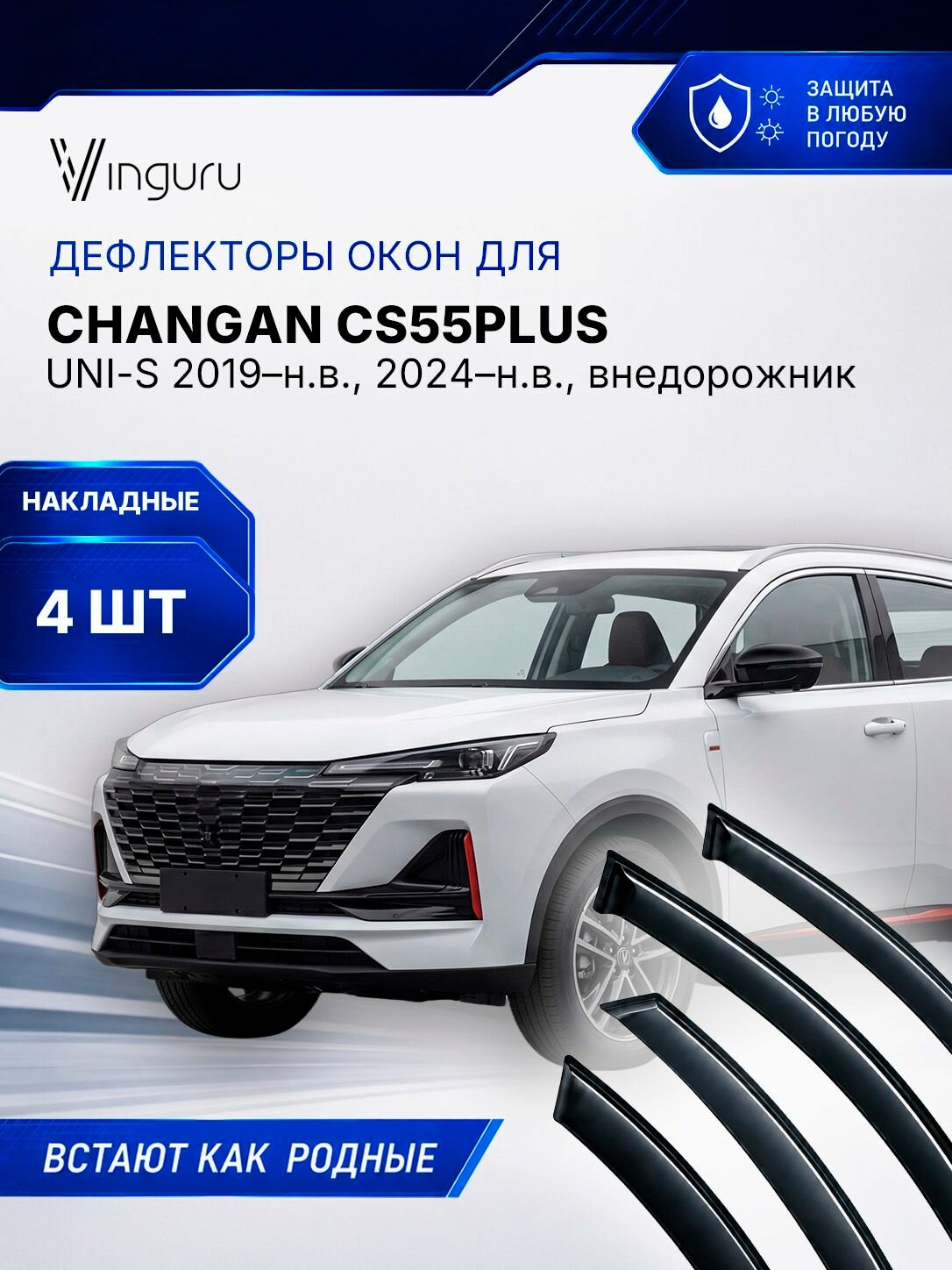 Дефлекторы окон Vinguru для а/м Changan CS55PLUS 2019-н. в./UNI-S 2024-н. в. /внедорожник/накладные/к-т 4шт/литьевой поликарбонат/ / Чанган КС55ПЛЮС