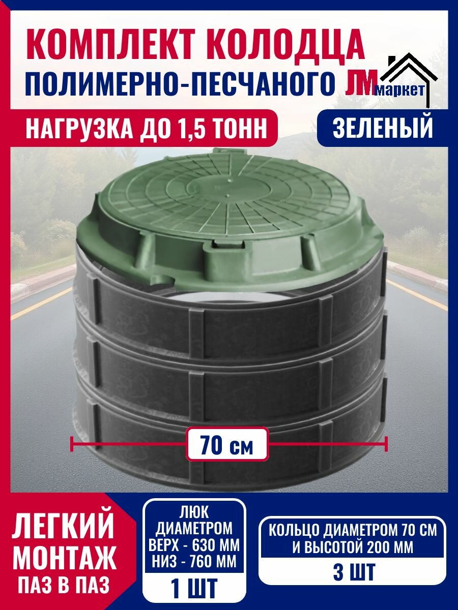 Колодец полимерно-песчаный, нагрузка до 1,5 тонн, готовый комплект с 3 шт кольцом 0,7 м диаметр