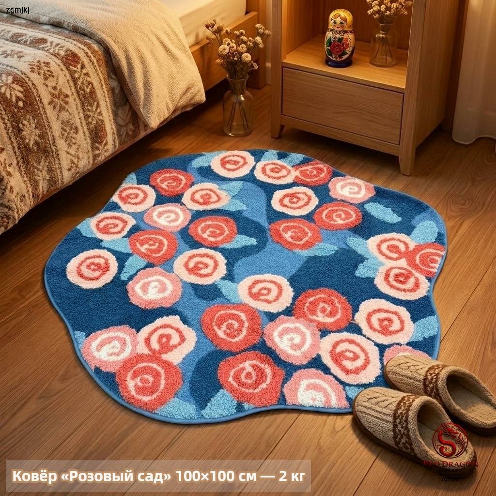 Мягкий ковёр из флока с розами для дома 100×100 см, не скользит