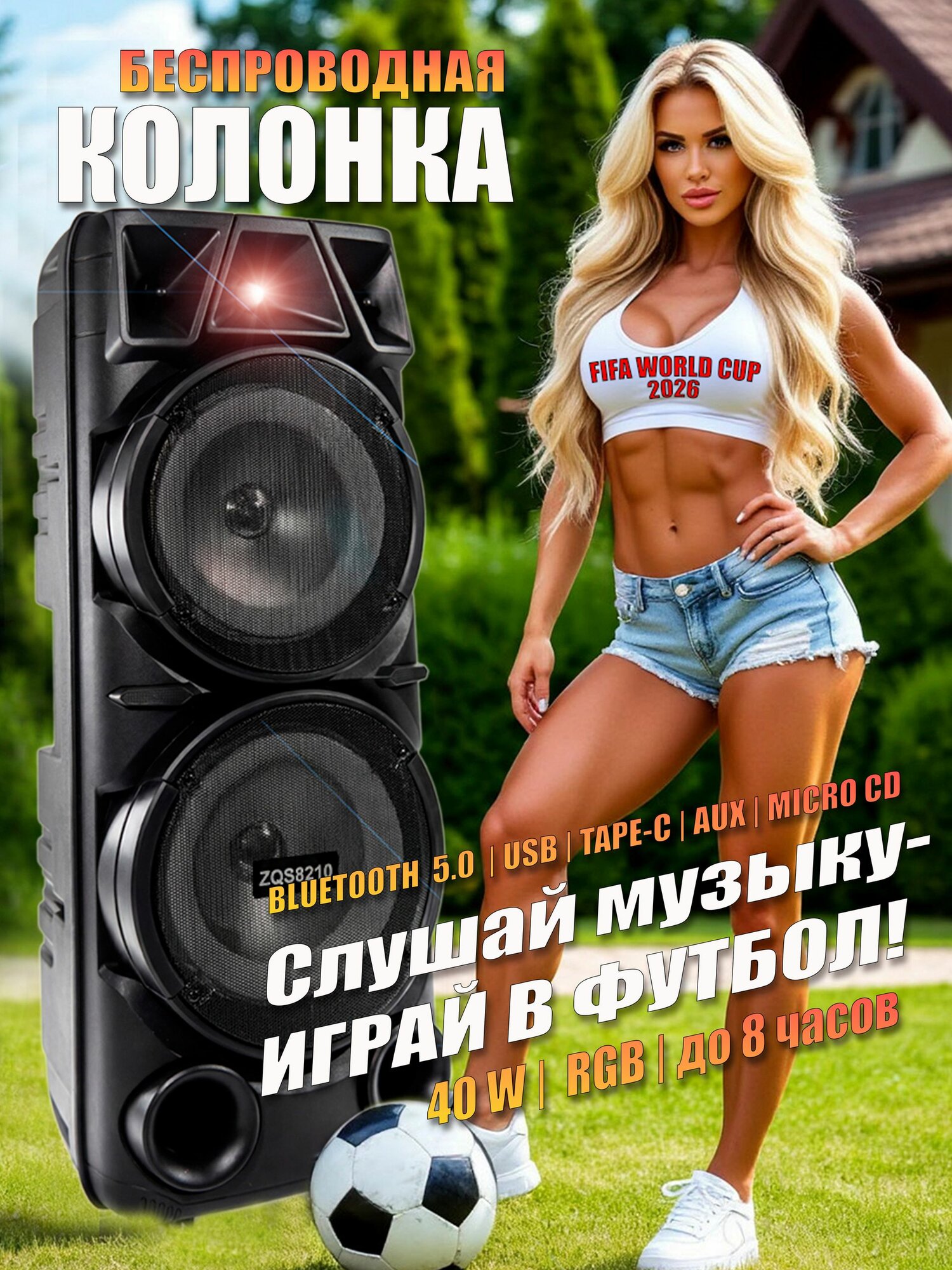 Колонка блютуз беспроводная / напольная / с беспроводным микрофоном ZQS-8210 / большая и мощная