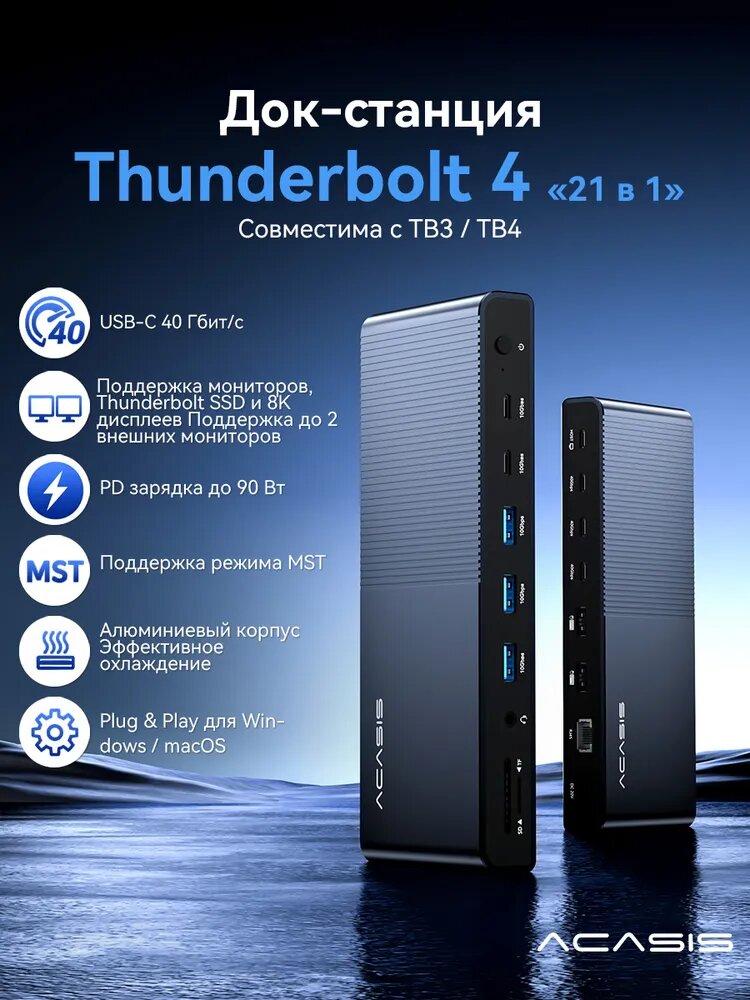 Acasis 40 Гбит/с Thunderbolt 4 USB C HUB Док-станция 8K/4K 60HZ 2 Didplays PD60W Зарядка RJ45 Для Macbook Pro
