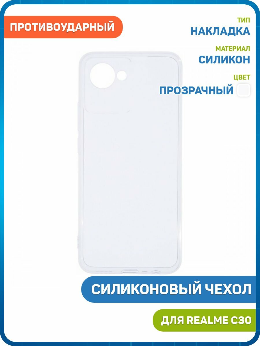 Силиконовый чехол противоударный для Realme C30, прозрачный