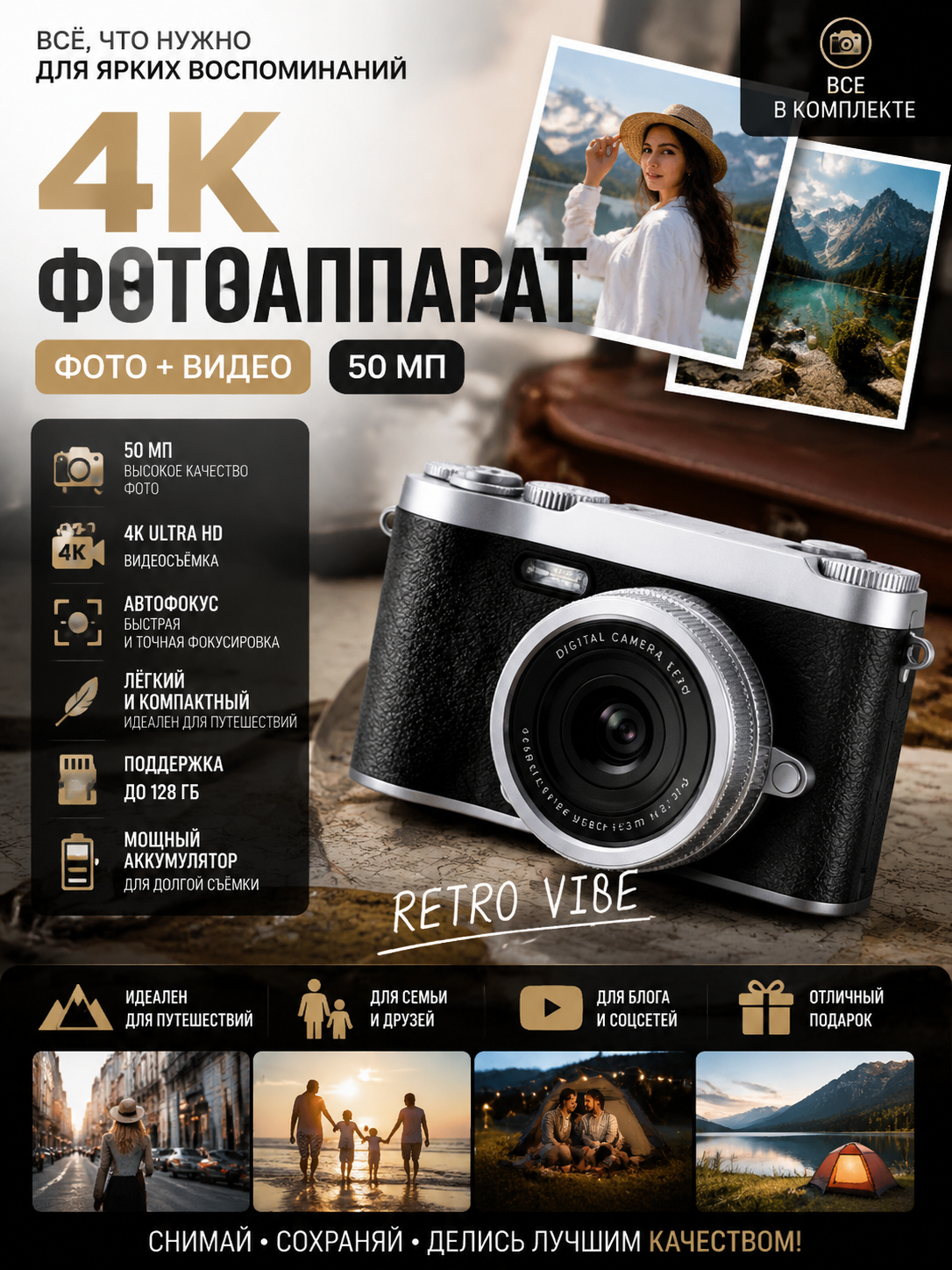 Фотоаппарат мыльница с экраном цветной, компактный цифровой, для путешествий и повседневной съемки, легкий и удобный